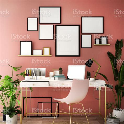 흰색 가기 책상 작업 공간 작업 배경 일 룸 구체적인 배경 3d 그림 3d 렌더링 인테리어 Destop 컴퓨터 화면으로 작업 공간을 위한 인테리어 디자인 일함에 대한 스톡