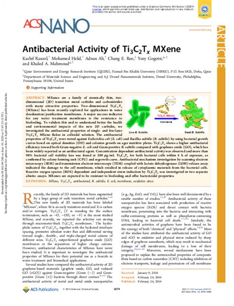 Pdf Antibacterial Activity Of Ti3c2tx Mxene