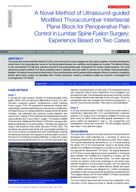 Pdf A Novel Method Of Ultrasound Guided Modified Thoracolumbar Interfascial Plane Block For