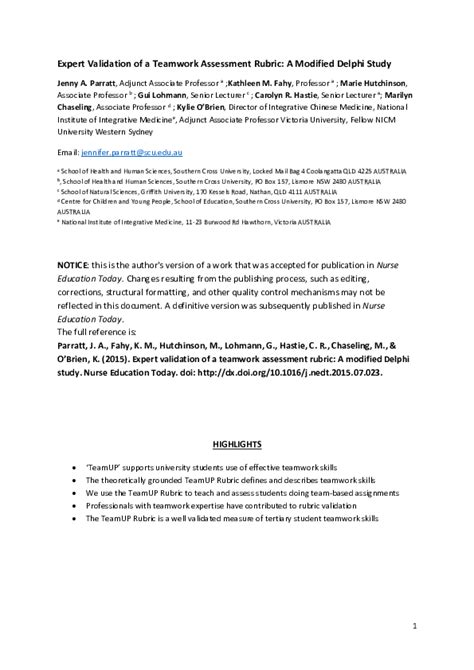 Pdf Expert Validation Of A Teamwork Assessment Rubric A Modified