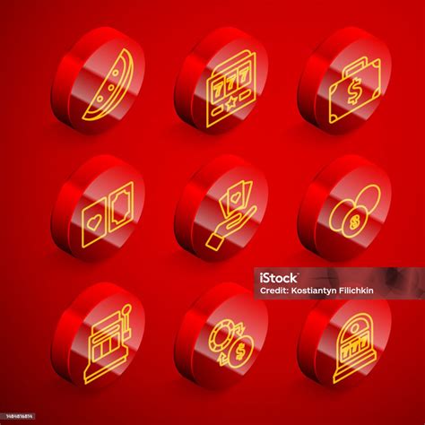 수박 슬롯 잭팟 서류 가방 및 돈 카드 놀이 데크 손 들기 복권 공 빙고 및 칩 교환 아이콘이있는 라인 카지노 슬롯 머신을 설정하십시오 벡터 3차원 형태에 대한 스톡 벡터