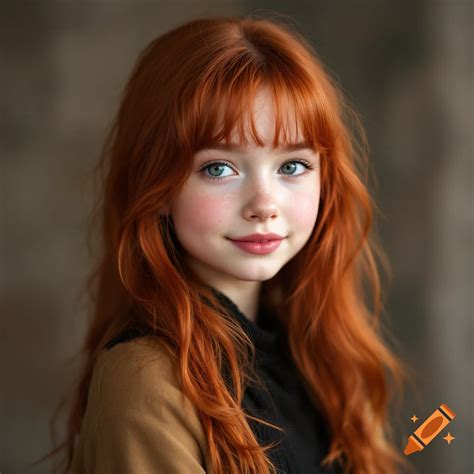 A Photorealistic Portrait Of A Young Girl With Long Red Hair And Blue