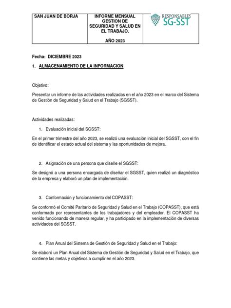 Informe De Gestion Sgsst Pdf