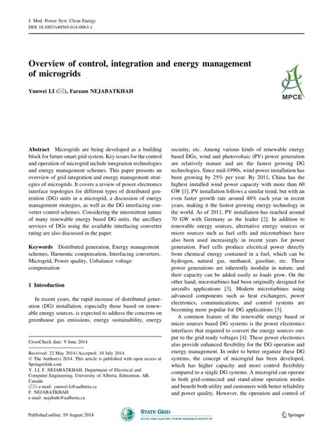 Pdf Overview Of Control Integration And Energy Management Of Microgrids