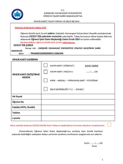 ÖĞrencİ Kİmlİk Karti Talep Formu Ve Bİlgİ Beyani Son Hali Pdf