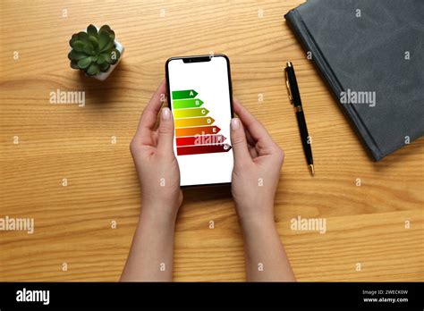 Energy Efficiency Woman Using Smartphone With Colorful Rating On
