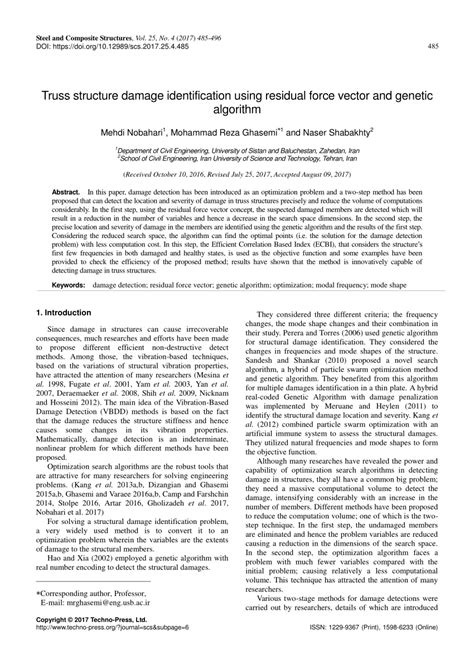 PDF Truss Structure Damage Identification Using Residual Force Vector And Genetic Algorithm