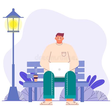 Freelancer Cartoon Man Sitting And Working On Laptop Home Workplace