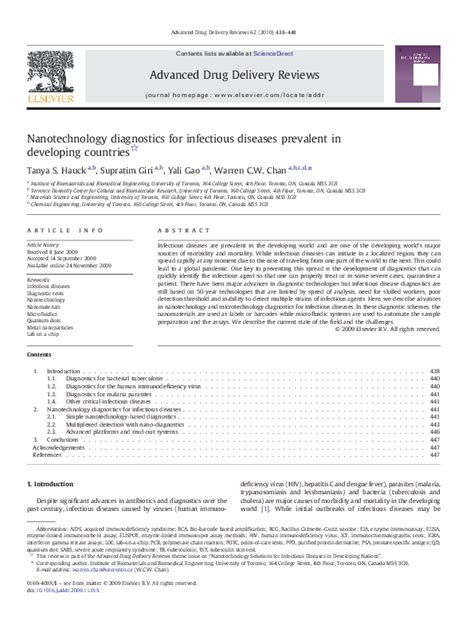 Pdf Nanotechnology Diagnostics For Infectious Diseases Prevalent In Developing Countries