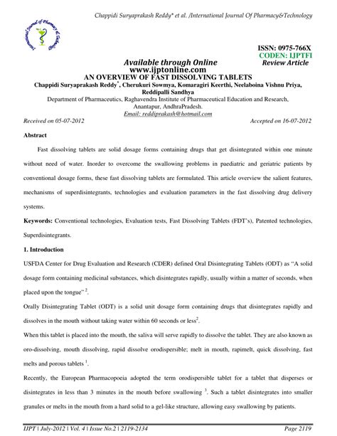 Pdf An Overview Of Fast Dissolving Tablets