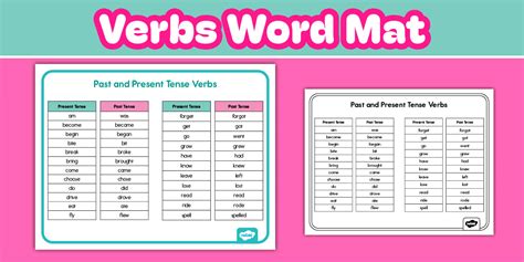 Past And Present Tense Verb Word Mat For K 2nd Grade