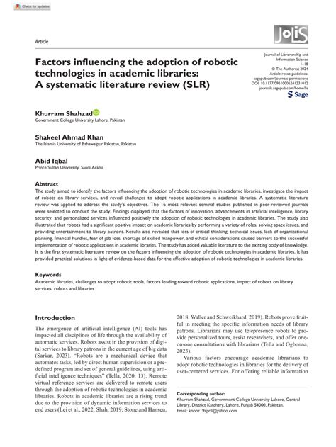 Pdf Factors Influencing The Adoption Of Robotic Technologies In