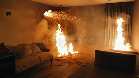 Fire Breaking Out In Living Room With Smoke Filling The Air Concept Of