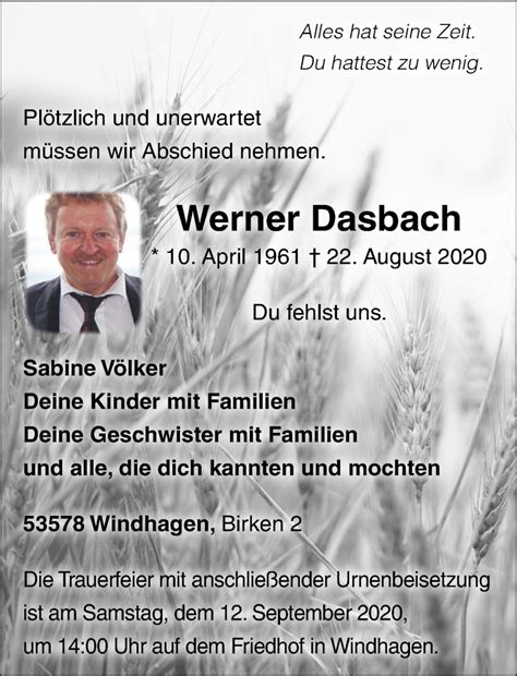 Traueranzeigen Von Werner Dasbach Rz Trauerde