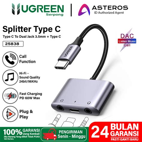 Jual Ugreen Splitter Dac Type C To Dual Jack Audio Adapter In Open Mic Charging Pd W