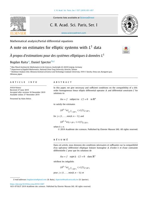 Pdf A Note On Estimates For Elliptic Systems With L1 Data