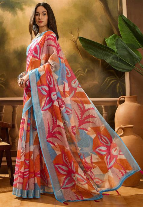 Buy Digital Printed Linen Cotton Saree In Multicolor Online Sskt1059