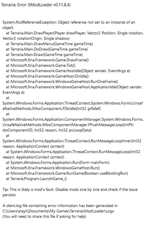 system nullreferenceexception and mods disappeared terraria community