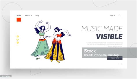 배꼽 댄스 방문 페이지 템플릿입니다 아름다운 아랍어 드레스와 보석을 들고 춤을 추는 소녀 하렘 여성 캐릭터 소용돌이 팔과 춤에 몸을 이동합니다 선형 사람 벡터 일러스트레이션