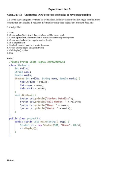 Java Experiment No 3 Oop Concepts And Java Programming Basics Studocu