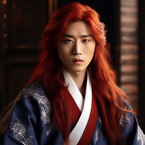 Handsome Korean Guy With Long Red Hair In Traditional Korean Clothes