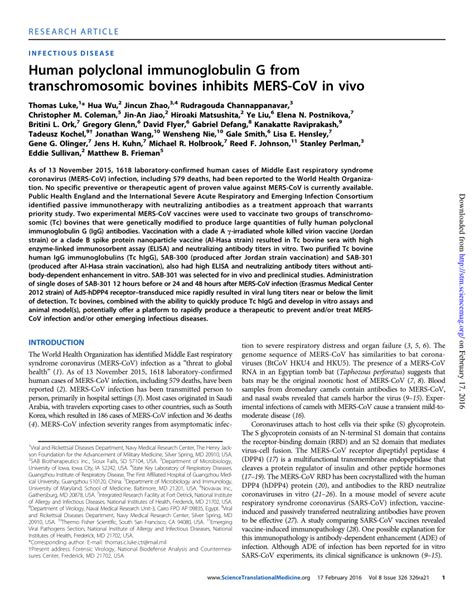 Pdf Human Polyclonal Immunoglobulin G From Transchromosomic Bovines Inhibits Mers Cov In Vivo