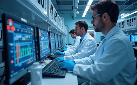 A Team Of Scientists In Lab Coats And Blue Gloves Work At Computers