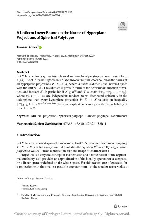 Pdf A Uniform Lower Bound On The Norms Of Hyperplane Projections Of