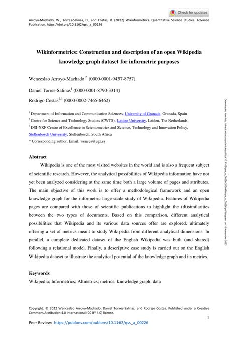Pdf Wikinformetrics Construction And Description Of An Open Wikipedia Knowledge Graph Dataset