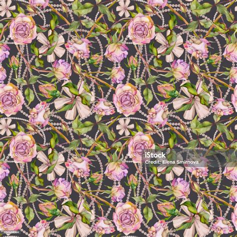 손으로 그린 수채화 그림 초라한 Boho 식물 꽃 잎 더스티 잉글리쉬 티 로즈 시든 머리 새싹 핑크 크림 진주 구슬 어두운에 고립된 이음새가 없는 본 디자인 웨딩 종이 0