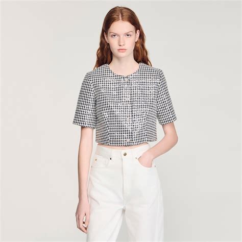 Cropped Houndstooth Tweed Jacket Black Gray For Women Sandro Paris
