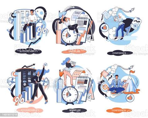 개인 품질 개념 벡터 삽화 세트 자신감 책임감 및 규율 창조적 인 은유 리더십에 대한 스톡 벡터 아트 및 기타 이미지 리더십 이야기하기 Performing Arts