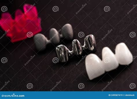 Teeth Implant And Crown Installation Process Parts Isolated On A Black