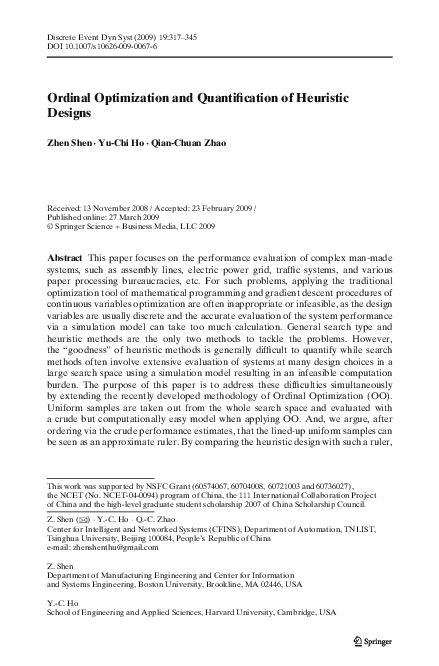 Pdf Ordinal Optimization And Quantification Of Heuristic Designs