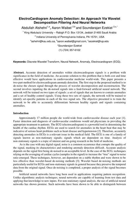 PDF ElectroCardiogram Anomaly Detection An Approach Via Wavelet Decomposition Filtering And