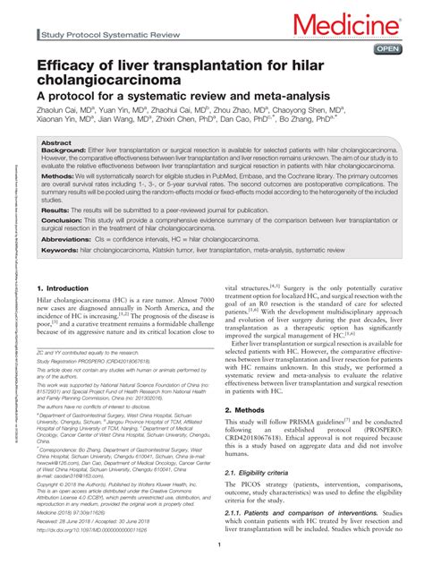 Pdf Efficacy Of Liver Transplantation For Hilar Cholangiocarcinoma A Protocol For A