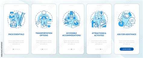 Accessible Travel Tips Blue Onboarding Mobile App Screen Road Trip Walkthrough 5 Steps Editable
