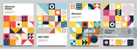 컬러 네오 지오 포스터 기하학적 모양 지오메트리 그래픽 및 추상 배경 벡터 세트가있는 현대적인 그리드 전단지 양식 문서에 대한 스톡 벡터 아트 및 기타 이미지 Istock