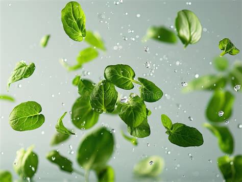 Photography Of Watercress Falling From The Sky Hyperpop Colour Scheme Glossy White Background