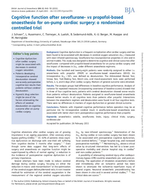 Pdf Cognitive Function After Sevoflurane Vs Propofol Based Anaesthesia For On Pump Cardiac