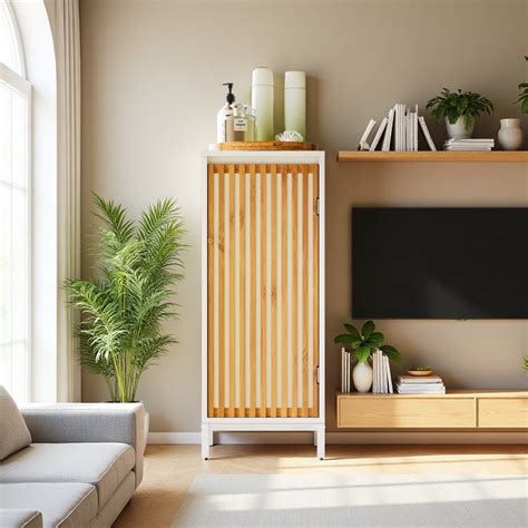 Rebrilliant Living Room Side Cabinet With Bamboo Slats Door Wayfair