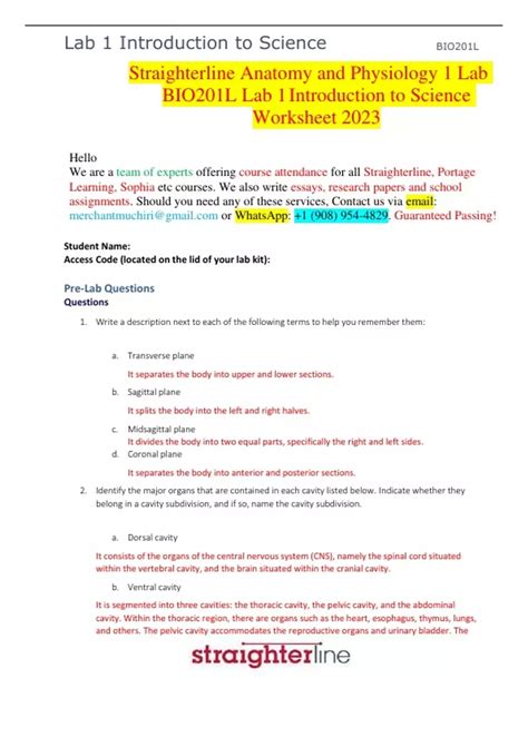 Straighterline Anatomy and Physiology 1 Lab BIO201L Lab 1Introduction ...