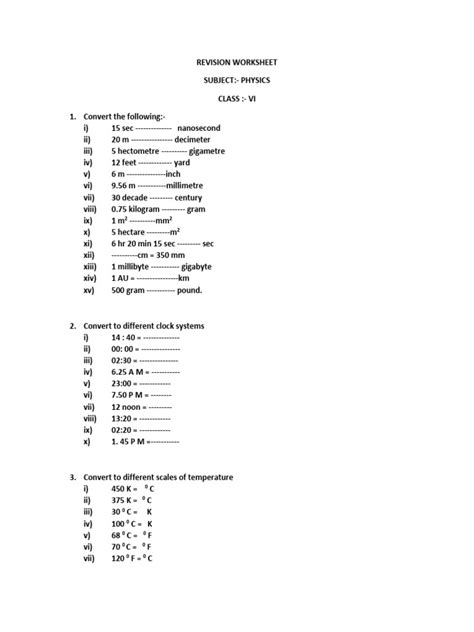 Physics Revision Worksheet Class Vi Pdf Thermometer Light