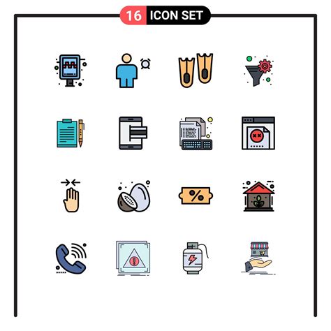 Modern Set Of 16 Flat Color Filled Lines Pictograph Of Business Gear Filter Timer Funnel Data