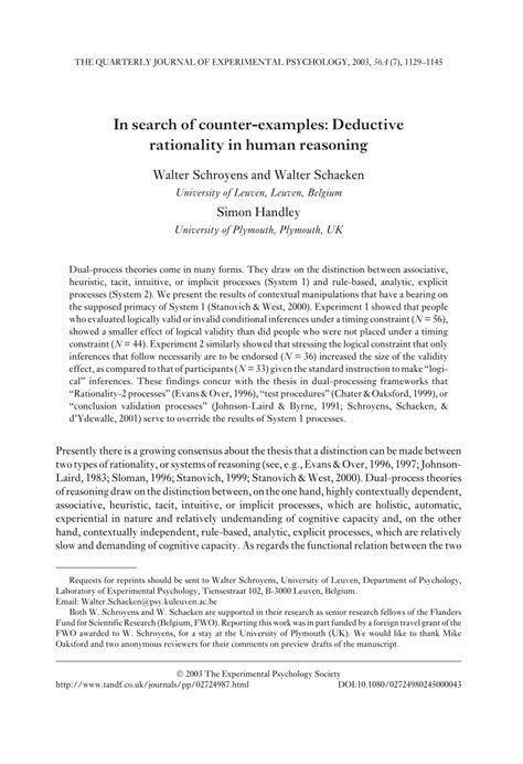 Pdf In Search Of Counter Examples Deductive Rationality In Human Reasoning