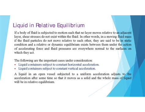 Lecture 5 Liquids In Relative Equilibrium Liquid In Relative Equilibrium If A Body Of Fluid