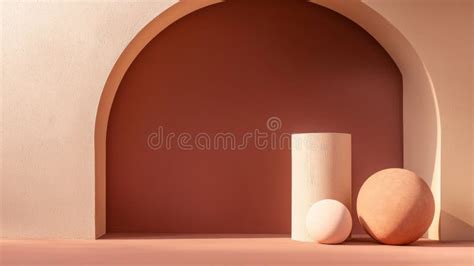 minimal interior scene featuring a cylinder and two spheres of