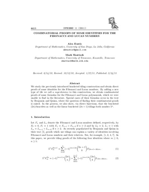 Pdf Combinatorial Proofs Of Some Identities For The Fibonacci And Lucas Numbers