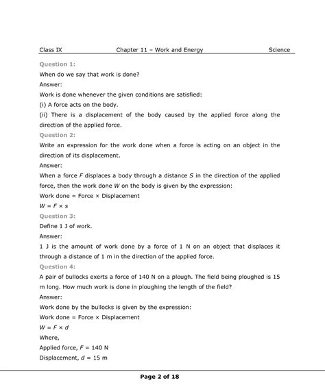 Class 9th Science Work And Energy NCERT Solution CBSE 2023