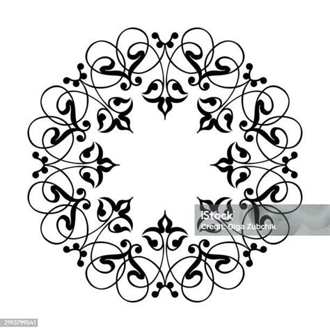 아라베스크와 꽃 요소가 있는 라운드 프레임 메달 추상적인 블랙 장식 유럽 장식 원 반지 고대 그리스 로마 제국 가정용품 직물 자수 사기그릇을 위해 꽃무늬에 대한 스톡 벡터